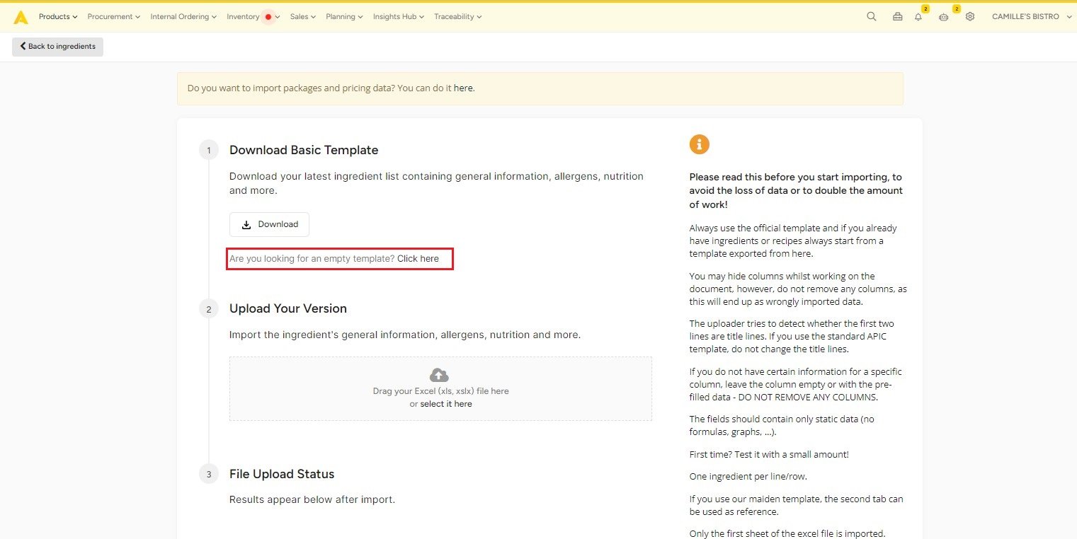 Import Ingredients through Excel