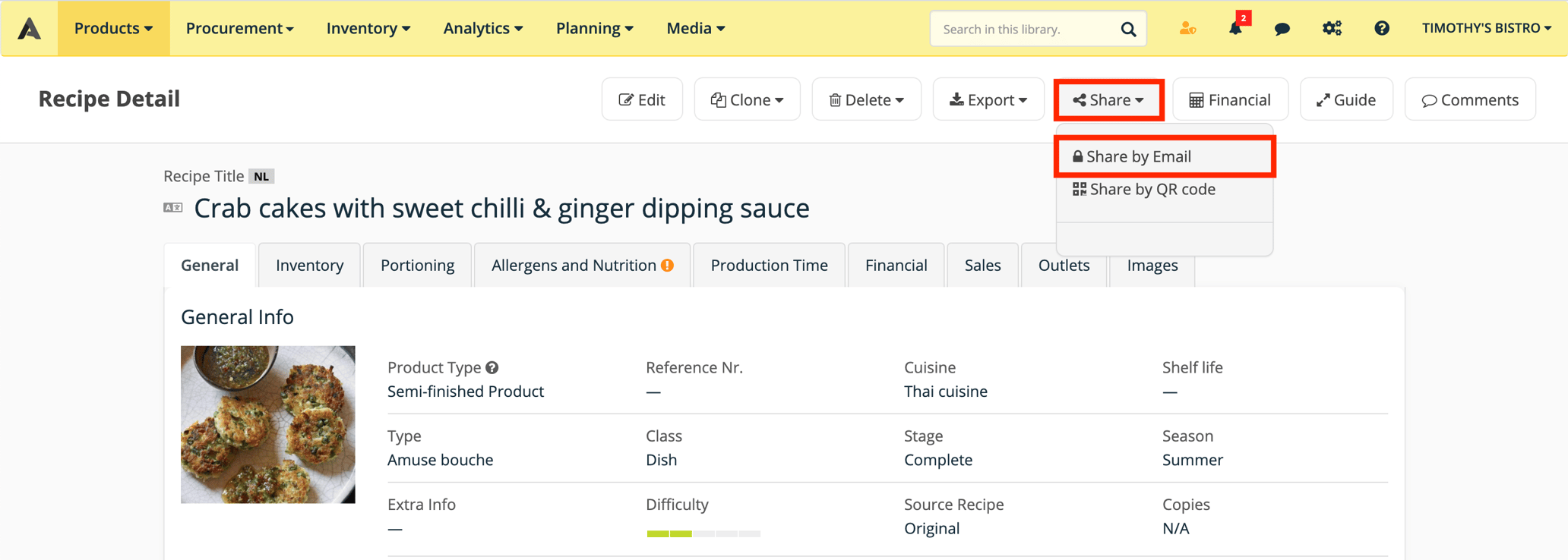 Share recipes and menus by email